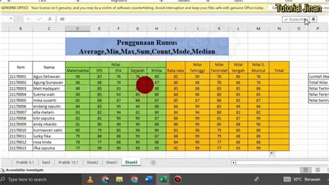 Penggunaan Rumus Microsoft Excel Averagesumminmaxcountmodemediantutorial Jinan Youtube