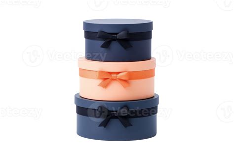 A Three Stacked Round T Boxes With Bows Featuring Navy Blue And