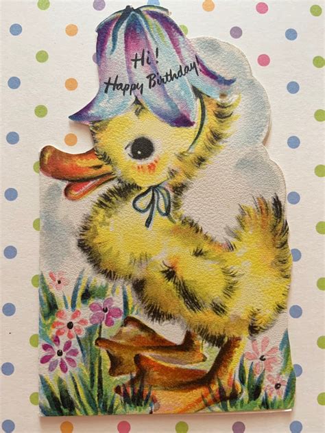 Vintage Birthday Card Cute Duckling With Flower Hat Early Etsy