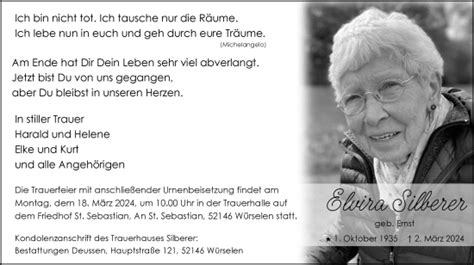 Traueranzeigen Von Elvira Silberer Aachen Gedenkt