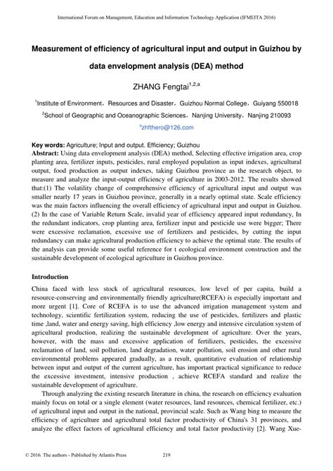 pdf measurement of efficiency of agricultural input and output in