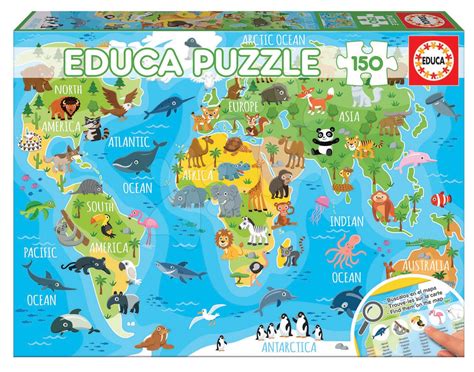 Puzzle Zemljevid sveta Educa z živalcami