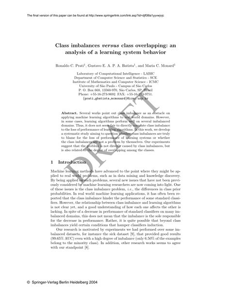 Pdf Class Imbalances Versus Class Overlapping An Analysis Of A