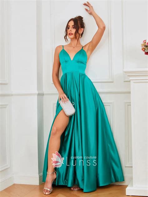 Turquoise Satin Slit A Line Simple Maxi Prom Party Dress Lunss