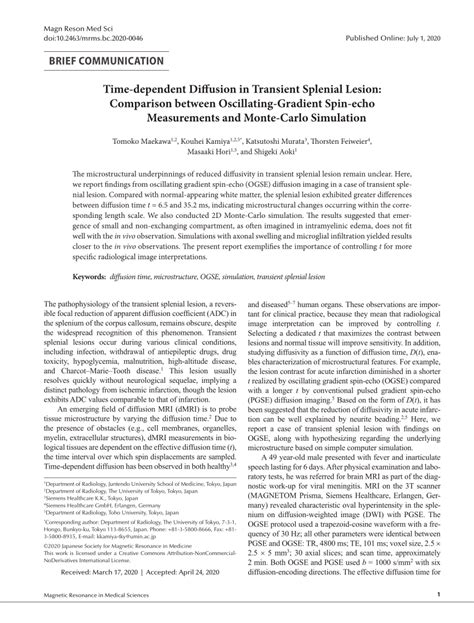 Pdf Time Dependent Diffusion In Transient Splenial Lesion Comparison Between Oscillating
