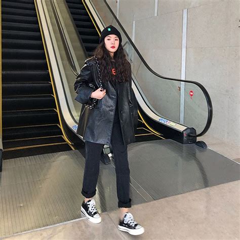 Koreaanse Losse Fit Effen Kleur Pu Leren Jas Rever Grandado
