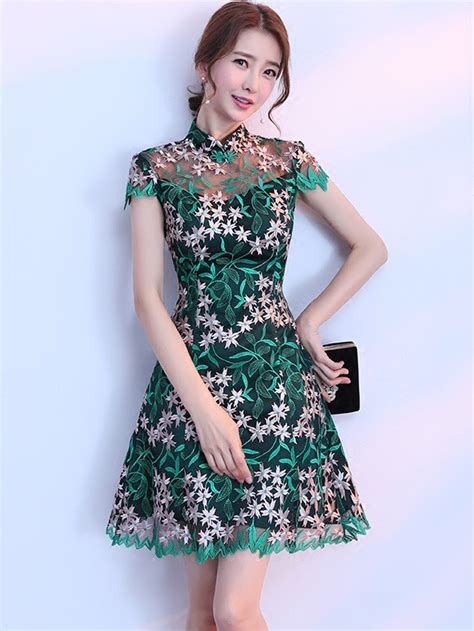 Green Embroidered A Line Qipao Cheongsam Party Dress