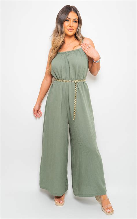 Khaki Charlotte Spaghetti Strap Wide Leg Jumpsuit Ikrush