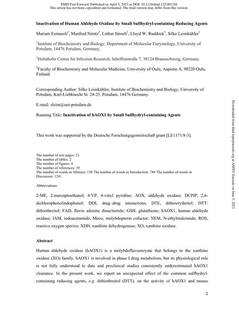 Pdf Inactivation Of Human Aldehyde Oxidase By Small Sulfhydryl