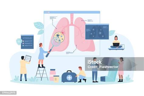병원에서 폐 검사 호흡기내과 돋보기로 폐를 확인하는 작은 사람 감기와 독감에 대한 스톡 벡터 아트 및 기타 이미지 감기와
