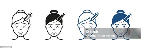 여자 얼굴 주사 라인과 실루엣 아이콘 세트입니다 얼굴 픽토그램을 위한 미용 스킨 케어 필러 산 메조 테라피 노화 방지 절차 기호 모음 격리된 벡터 그림 메조테라피에 대한