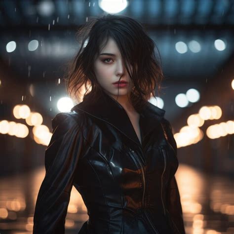 Premium Ai Image A Woman In A Black Leather Jacket Standing In The Rain