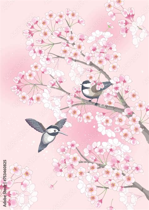 Vecteur Stock 따뜻한 봄 날에 벚꽃이 활짝 핀 벚나무 가지에 앉아 있는 새들 벡터 일러스트레이션 Adobe Stock