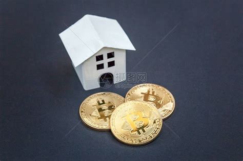 黑色背景上的玩具屋和硬币比特币加密货币和储蓄概念用于网上银行和国际网络支付的高清图片下载 正版图片504548637 摄图网