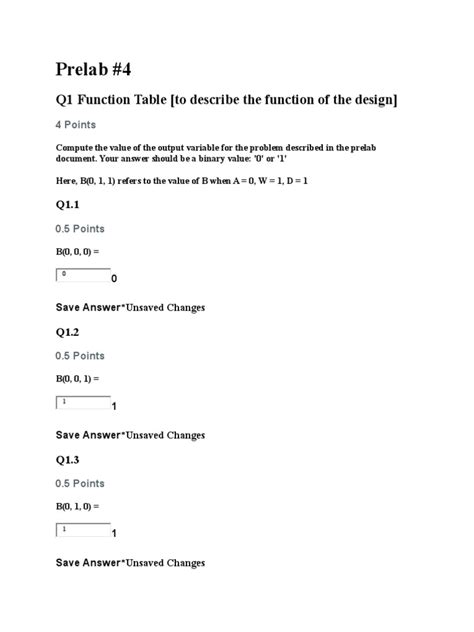 Prelab 4 Q1 Function Table To Describe The Function Of The Design