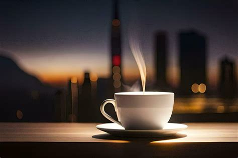 A Cup Of Coffee On A Table In Front Of A City Skyline Ai Generated