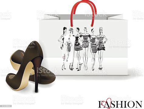 프린트가 있는 쇼핑백 패션 일러스트레이션 잉크 스케치 드레스에 대한 스톡 벡터 아트 및 기타 이미지 드레스 여자 가방 Istock
