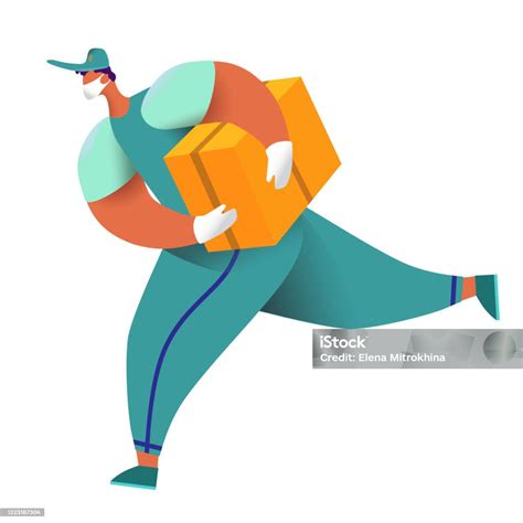 마스크와 장갑을 낀 택배 소포 및 기타 물품의 안전한 배송 한 남자가 큰 상자를 배달하기 위해 달려다 상자로 돌아다닐 수 있습니다 흰색 배경에서 격리된 벡터 그림입니다 3