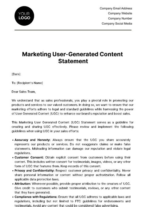 Free Marketing User Generated Content Statement Template To Edit Online