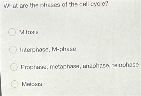 Solved What Are The Phases Of The Cell Cycle Mitosis Interphase M Phase Prophase Metaphase