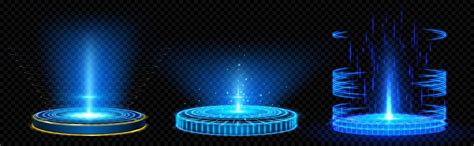 홀로그램 및 조명 효과가 있는 원형 연단의 디지털 포털 투명한 배경 벡터 현실적인 세트에 격리된 파란색 네온 빔이 있는 3d 미래형 플랫폼 무료 벡터