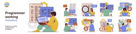 Programmer Working Concept With Character Situations Collection Bundle Of Scenes People Work