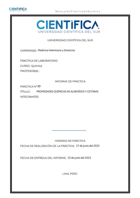 Informe N10 PROPIEDADES QUÍMICAS DE ALDEHÍDOS Y CETONAS M a n u a l