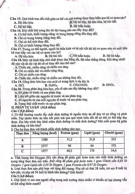 Đề thi HSG KHTN Sinh học lớp 8 năm 2024 Huyện Lục Ngạn