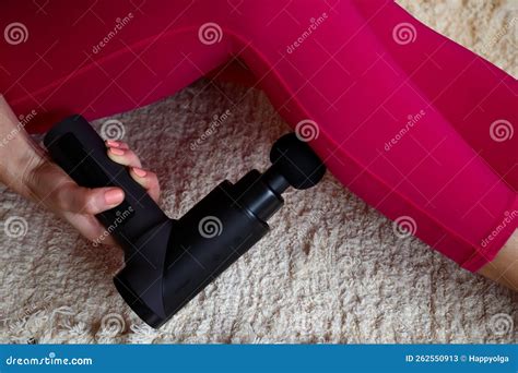 Massage Gun Woman Massaging Her Leg Lifestyle Stagging Stock Image