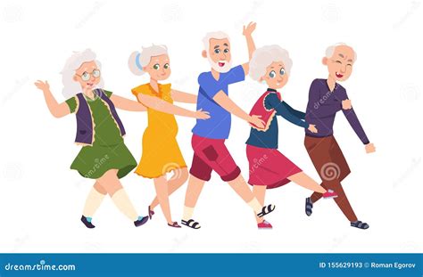 Old People Dancing Diverse Elderly Cartoon Characters Dancing A Conga