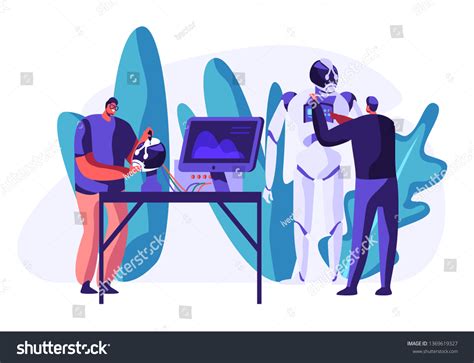 engineers scientists male characters making programming stock vector