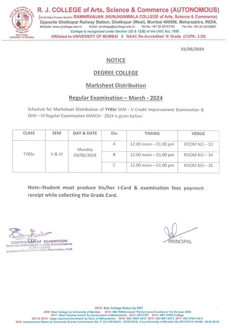 Schedule For Marksheet Distribution Of Tybsc Sem V Credit Improvement Examination And Sem —vi