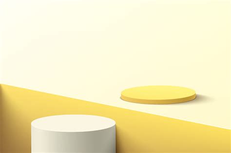 밝은 노란색 바닥과 사각형 홈에 추상 3d 흰색과 노란색 실린더 받침대 연단 제품 디스플레이 프리젠 테이션을위한 파스텔 노란색
