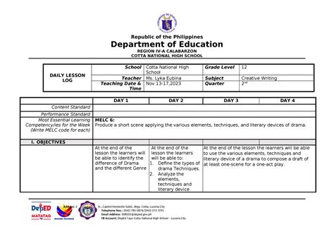 Creative Writing DLL Week 9 Department Of Education REGION IV A