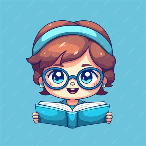 Мультяшная девочка читает книгу в очках на синем фоне Премиум векторы