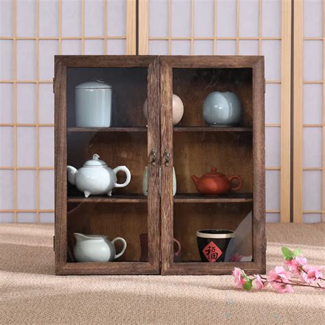 Solid Wood Desktop Storage Box Dustproof Glass Display Cabinet Tea Set