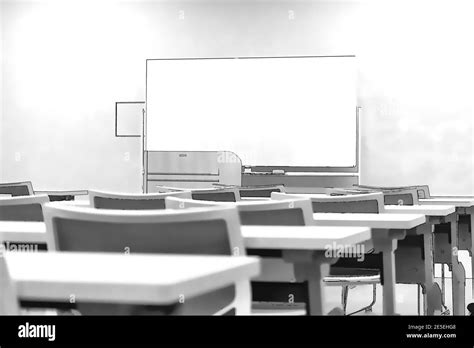 View Of An Empty Classroom From Right To Left In Black And White