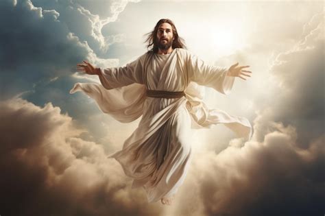 Goddelijke Opgang Jezus Christus Stijgt Boven De Stralende Hemel