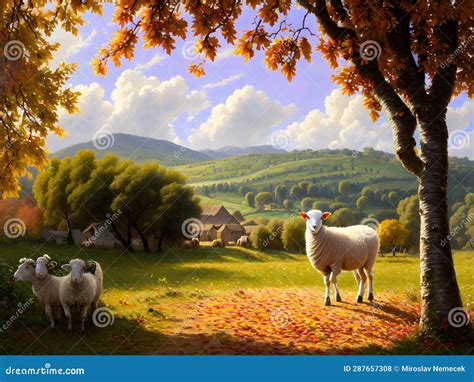 Autumn Countryside Landscape With Sheeps Generative Ai Illustration