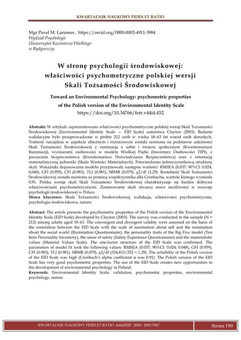 Pdf Toward An Environmental Psychology Psychometric Properties Of The Polish Version Of The