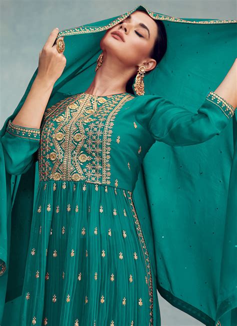 Buy Festive Outfit Cyan Green Sequence Embroidery High Slit Palazzo