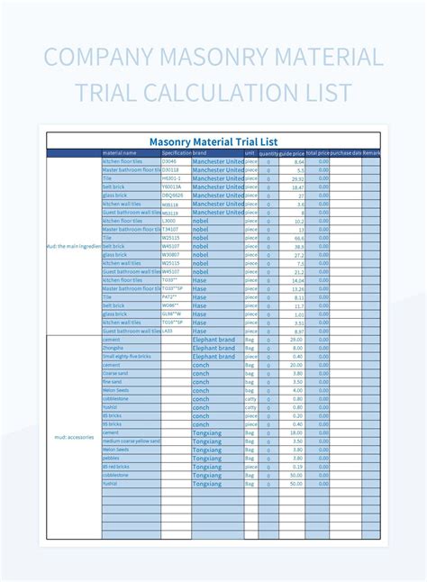 Company Masonry Material Trial Calculation List Excel Template And