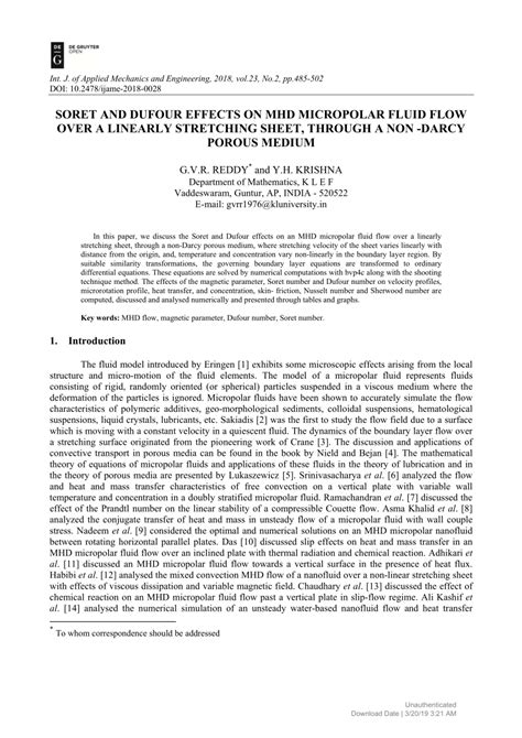 Pdf Soret And Dufour Effects On Mhd Micropolar Fluid Flow Over A Linearly Stretching Sheet