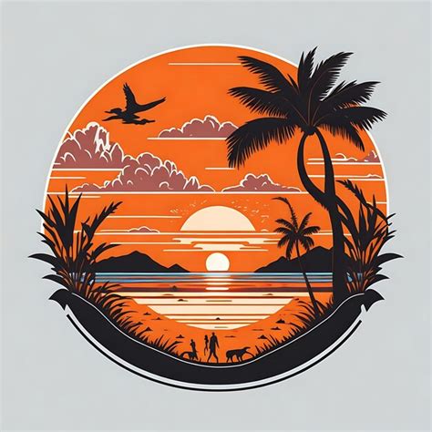 Una ilustración colorida de una playa con palmeras y una puesta de sol