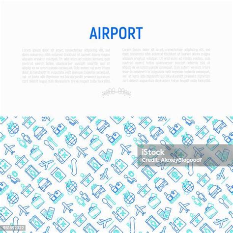 얇은 선 아이콘으로 공항 개념 체크인 카운터 탑승 게이트 통과 에스컬레이터 화장실 푸드 코트 수하물 포장 서비스 면세점 세관