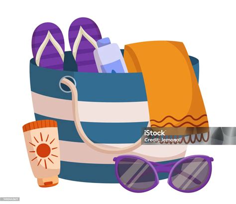 비치 백 수건 슬리퍼 선글라스 자외선 차단제와 같은 모든 해변 필수품을 위한 넓고 튼튼한 액세서리 0명에 대한 스톡 벡터 아트 및 기타 이미지 Istock