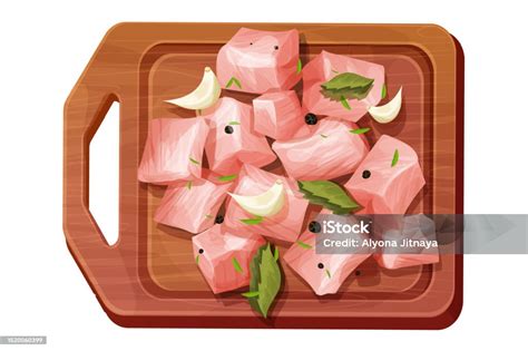 닭고기 조각 큐브 생고기 향신료 마늘 나뭇잎을 곁들인 잘게 썬 조각이 흰색 배경에 분리된 만화 스타일의 나무 보드 탑 뷰에
