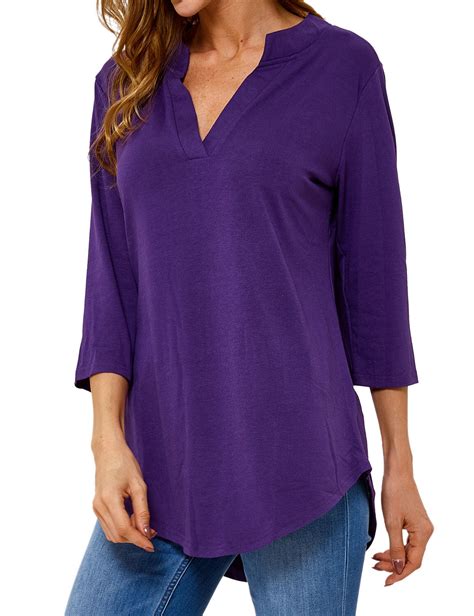 Women Solid Color V Neck 3 4 Sleeve Top