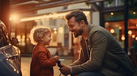 Premium Photo A Father With His Young Daughter Is Charging An