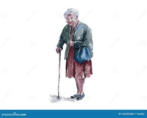 Silhouette Figure Of A Grandmother With A Walking Stick With A Bag